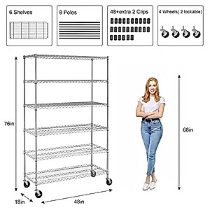 YRLLENSDAN 6000Lbs Capacity Adjustable Storage Shelves Heavy Duty Shelving Unit 6 Tier Metal Shelving with Wheels NSF Wire Shelving (48" W x 18" D x 72" H,Chrome)