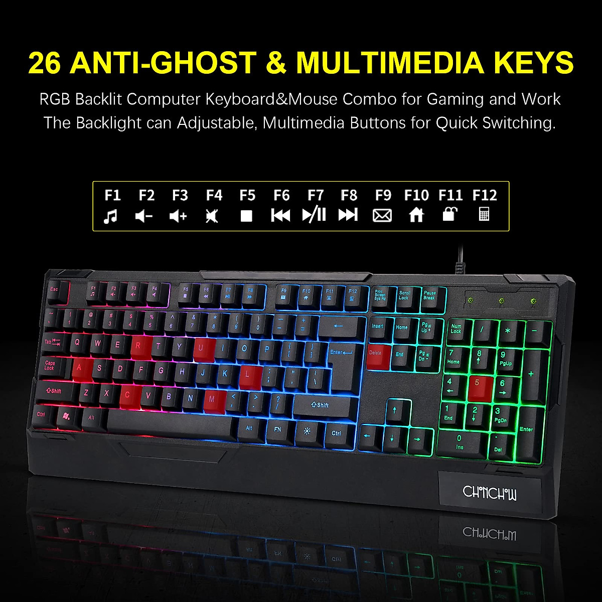 Gaming Keyboard and Mouse,CHONCHOW Full Size Computer Keyboard RGB Backlit USB Wired Keyboards&Gaming Mouse 3200DPI&Mousepad 3in1 for PC Laptop Desktop PS4 Xbox