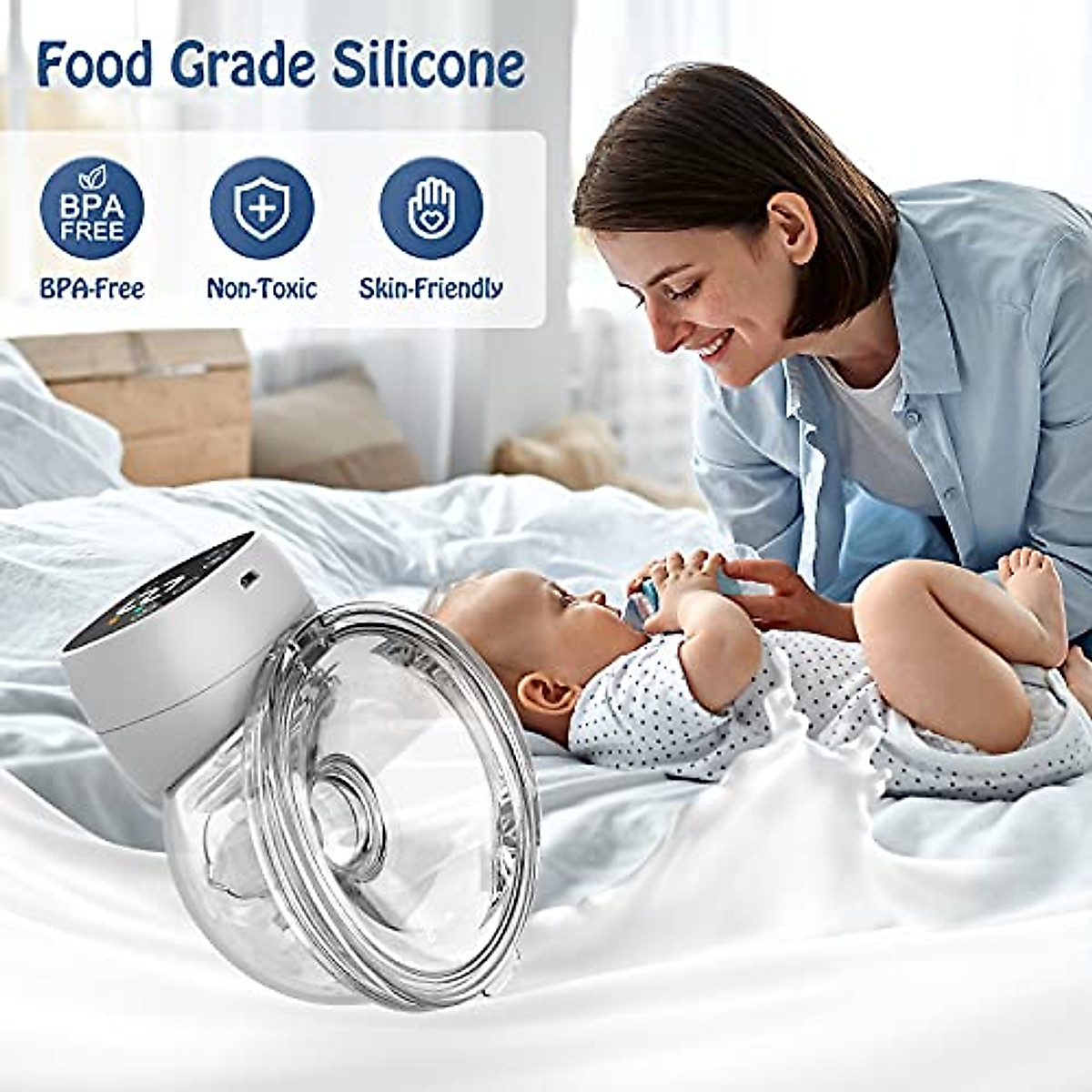 Akaho Wearable Breast Pump, Low-Noise and Painless Hands Free Electric Breast Pump with 3 Mode & 9 Levels, 24mm Default and Come with 6 Flanges (White-Double)