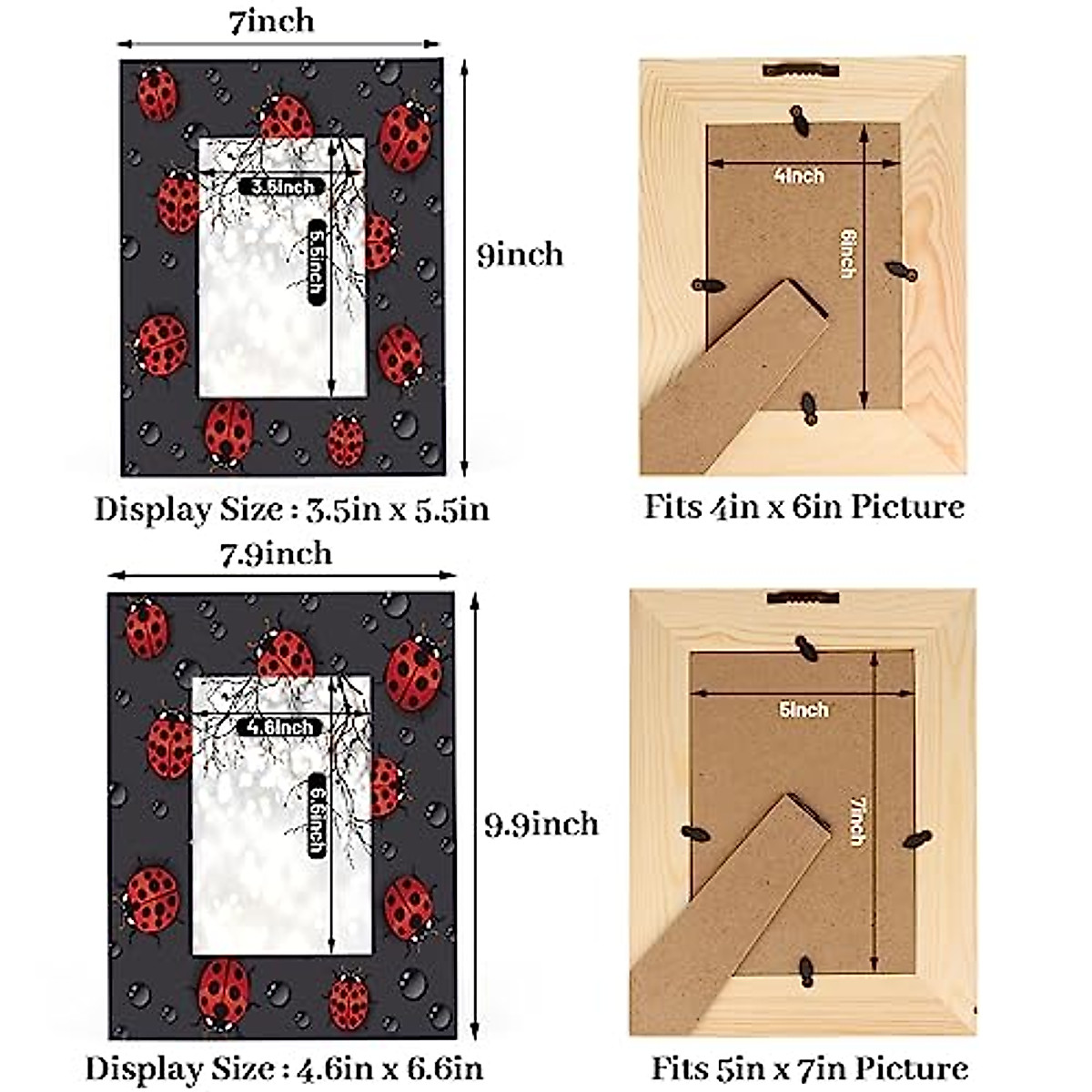 POFATO 3D Seven Star Ladybug 4x6 Picture Frame Wood Photo Frame for Tabletop Display Wall Mount Picture Frame Display 4x 6 Inch Photo Wall Decor Home Gift Frames