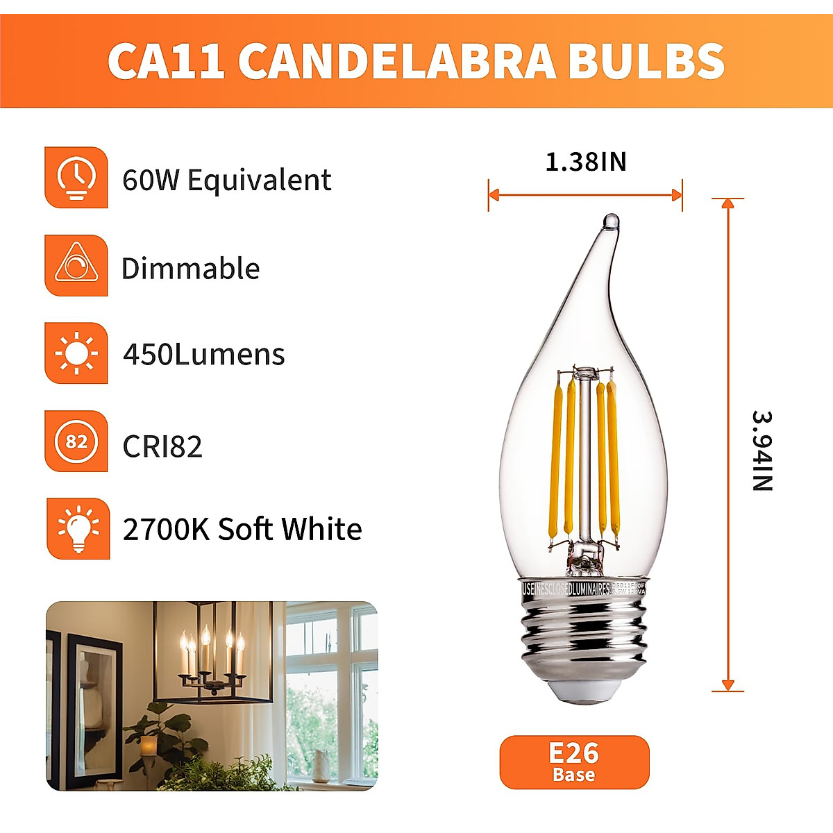 ALAMPEVER Dimmable 6-Pack CA11 Candelabra LED Light Bulb, 4.5W (60W Equivlant) LED Chandelier Light Bulb, E26 Medium Base, 2700K Soft White, 450LM, CRI82