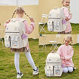 KIDNUO Backpack for Girls, 15.6 Inch Laptop School Bag Kids Kindergarten Elementary College Backpacks Large Bookbags for Teen Girls Women Students Casual Travel Daypacks (Beige)