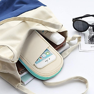 MoKo Big Capacity Pencil Pen Case, Large Capacity Storage Bag Pouch Box Makeup Pen Bag Cosmetic Bag Stationery Organizer Storage with Zippers for Office/School Supplies - Beige & Blue