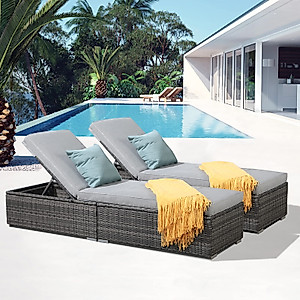 Patiorama Outdoor Patio Chaise Lounge Chair, Elegant Reclining Adjustable Pool Rattan Chaise Lounge Chair with Light Grey Cushion, Grey PE Wicker, Steel Frame, Set of 2