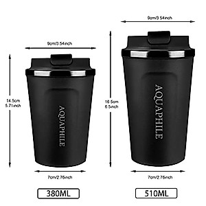 AQUAPHILE Reusable Coffee Cup, Coffee Travel Mug with Leak-proof Lid, Thermal Mug Double Walled Insulated Cup, Stainless Steel Portable Coffee Tumbler, for Hot and Cold Drinks(Black, 17 oz)