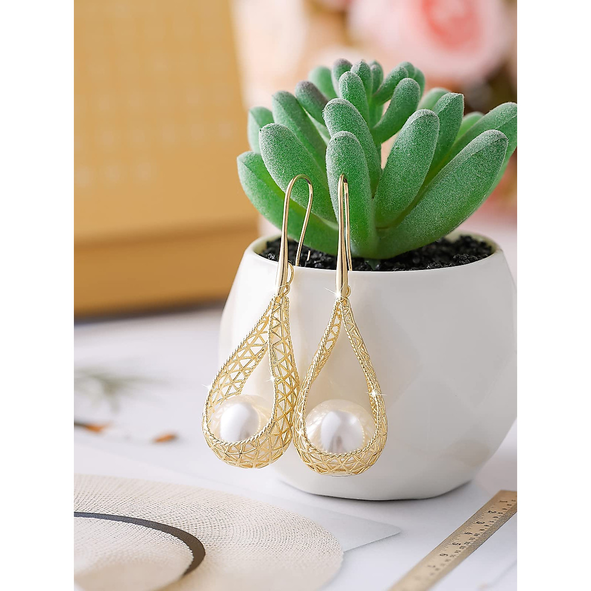 Big White Pearl Dangle Pierced Earrings for Women (White-14K Gold)