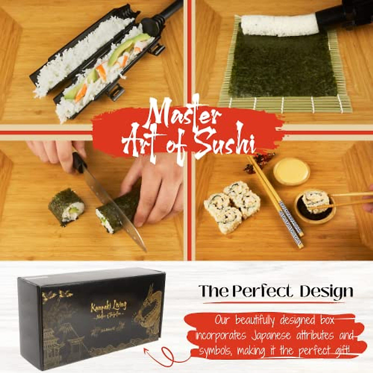 Sushi Making Kit - Premium Kanpeki Living 22 Piece Sushi Set With Chef Knife, Bamboo Mat, Bazooka Roller, Rice Mold Rice Paddle and Spreader Chopsticks eBook DIY Sushi Maker Kit for Beginners and Pros