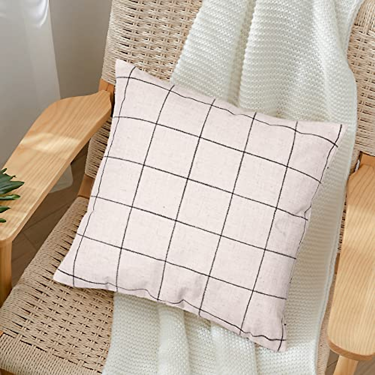 Basic Model Set of 2 Plaid Throw Pillow Covers Modern Farmhouse Decorative Square Linen Pillow Case for Sofa Couch Bed 20 x 20 Inch, Beige