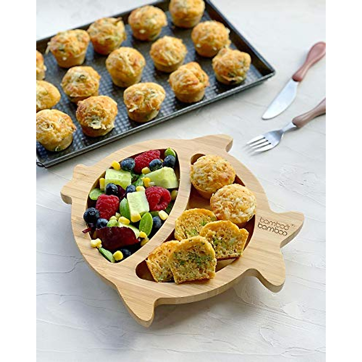 Bamboo Baby Plate with Suction - Kids and Toddler Suction Cup Plate for Babies, Non-toxic All-Natural Bamboo Baby Food Plate Stays Cool to the Touch for Baby-Led Weaning (Fish-Cherry)