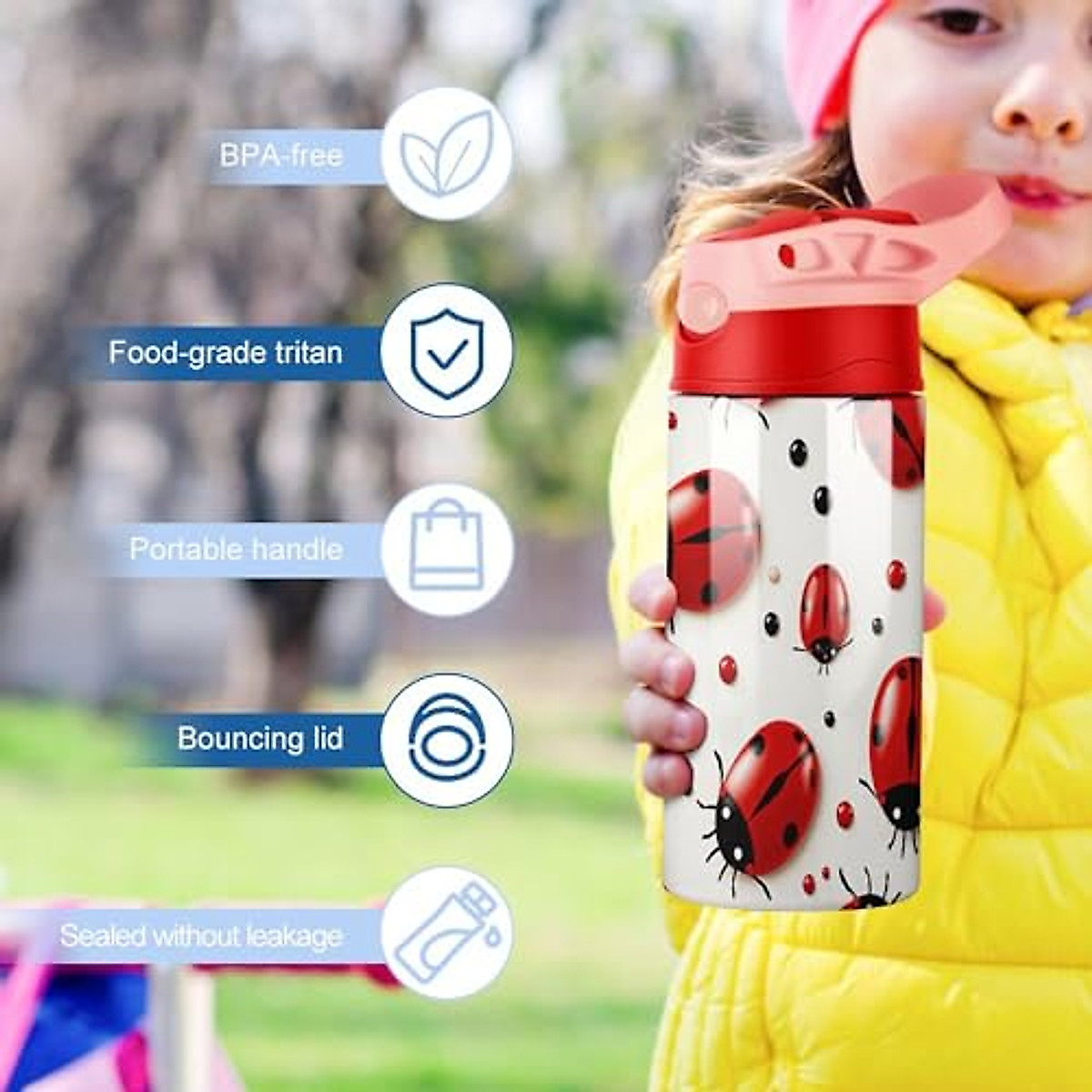 Stainless Steel Water Bottles Red Ladybug Travel Water Cups with Handle And Silicone Straw Drinking Cup with Leak Proof Lid Thermo Travel Mug for Women Men