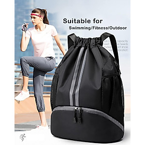 BROTOU Soccer Bags, Football Backpack, Volleyball Bag, Drawstring Soccer Backpack with Ball and Shoe Compartment, Gym Bags for Men/Women, Football bags for Equipment Swim Gym Bag (L,Black)