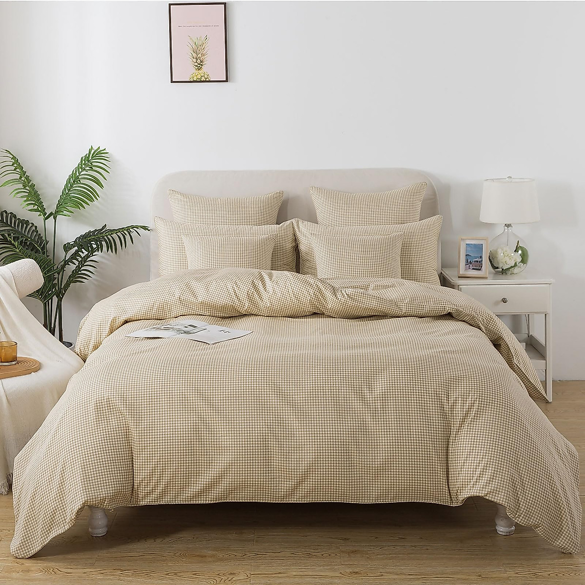 FADFAY Brown Plaid Twin Size Duvet Cover Set 100% Cotton Geometric Checker Bedding Teens Grid White Gingham Pattern College Bedding Zipper Closure Ultra Soft 3Pcs, Twin Size for Dorm Room