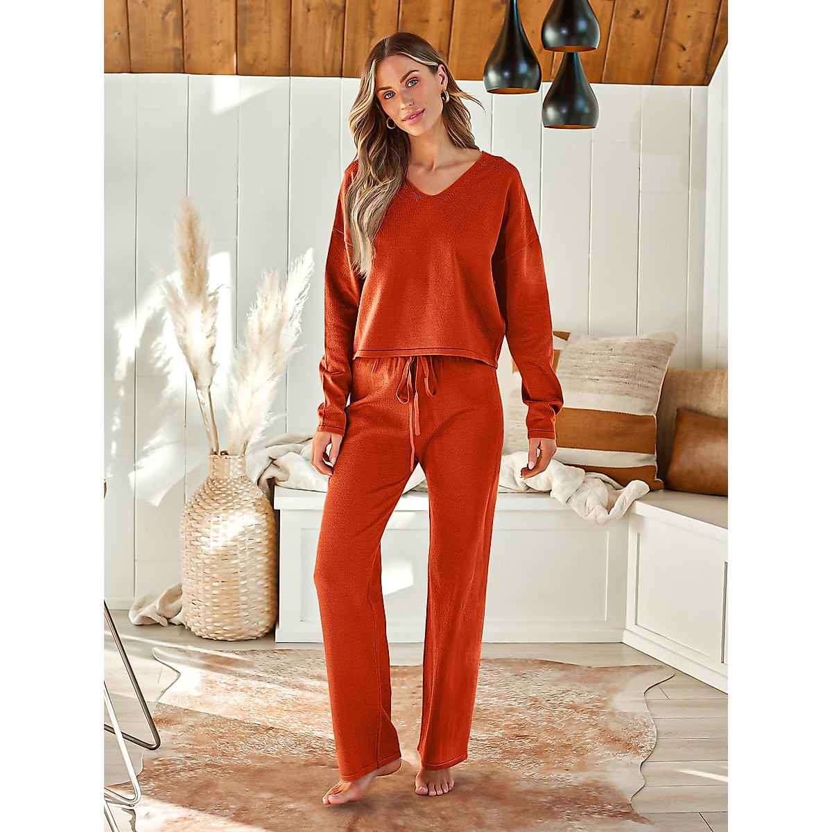 LILLUSORY Women's Two Piece Outfits Sweater set Knit Top Set And Loose Wide Leg Pants Lounge Sweatsuit