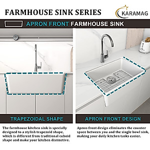 KARAMAG 24 Inch Farmhouse Kitchen Sink with Bottom Grid and Strainer, White Single Bowl Kitchen Sink Apron Front Ceramic Farm Sinks for Kitchens