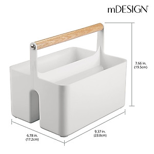 mDesign Plastic Portable Nursery Organizer Caddy Tote, Divided Basket Bin with Bamboo Handle - Hold Bottles, Spoons, Bibs, Pacifiers, Diapers, Wipes, Baby Lotion - Aura Collection - Stone Gray/Natural