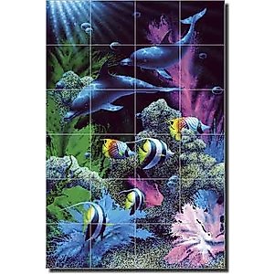 Dolphin Undersea Ceramic Tile Mural Backsplash 24" x 36" "Enchanted Waters" by David Miller - Wall Shower Backsplash