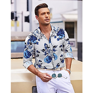 COOFANDY Men's Slim Fit Floral Dress Shirt Long Sleeve Casual Button Down Shirts (01_White&Blue, Small)