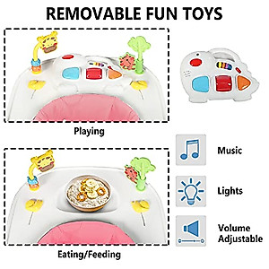 Kinder King 3 in 1 Folding Baby Walker, Activity Walker for Boys Girls, Learning-Seated, Toddler Walk-Behind w/Music Toys, Adjustable Height & Speed, Safety Bumper, Infant Walker Anti-Rollover, Pink