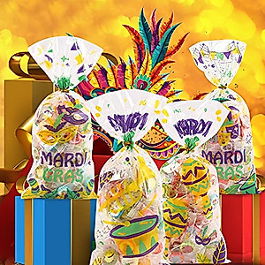 200 Pcs Mardi Gras Cellophane Cookie Candy Bags with 220 Twist Ties Bulk Gift Platic carnival theme Design Goody Treat Bags for Theme School Party Favor