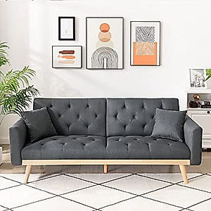 DKLGG Modern Futon Sofa Bed, Convertible Bed Folding Linen Fabric Sofa Bed Couch with Two Pillows, Adjustable Backrest Loveseat Couch Sofa, Sleeper Sofa Couch with Removable Armrests for Living Room