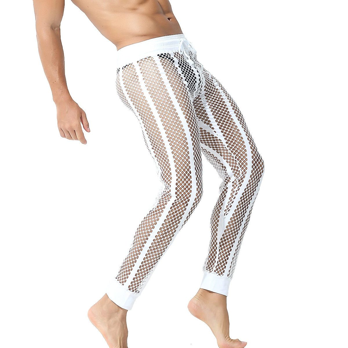 QiaTi Men's Fishnet Pants Mesh See Through Muscle Leggings Stretchy Drawstring Long Pants B-White