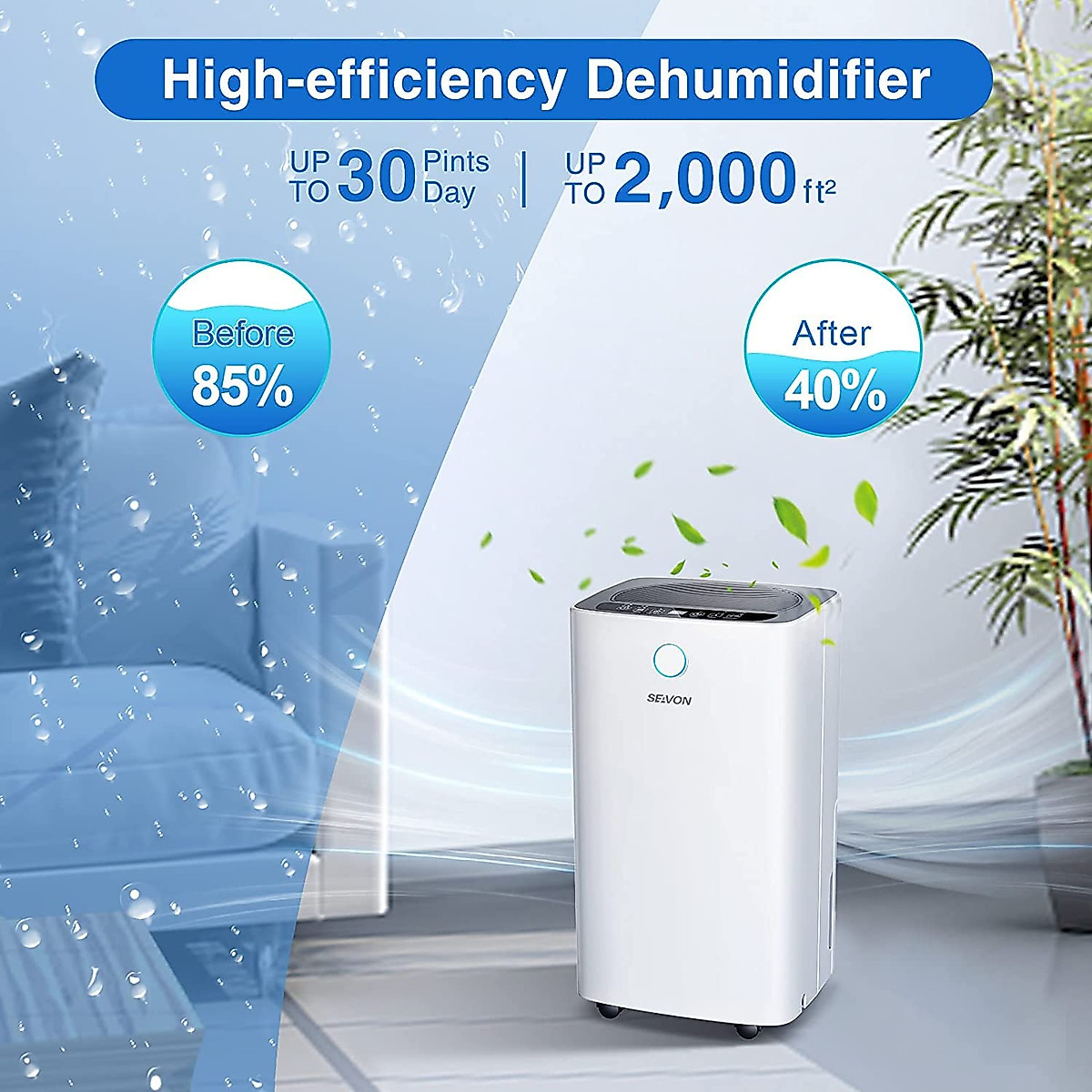 SEAVON 2,000 Sq. Ft Dehumidifiers with Pump for Home and Basements, with 2L Water Tank, Ideal for Bedroom, Bathroom, Intelligent Humidity Control, Continuous Drainage for Living Room/Closet