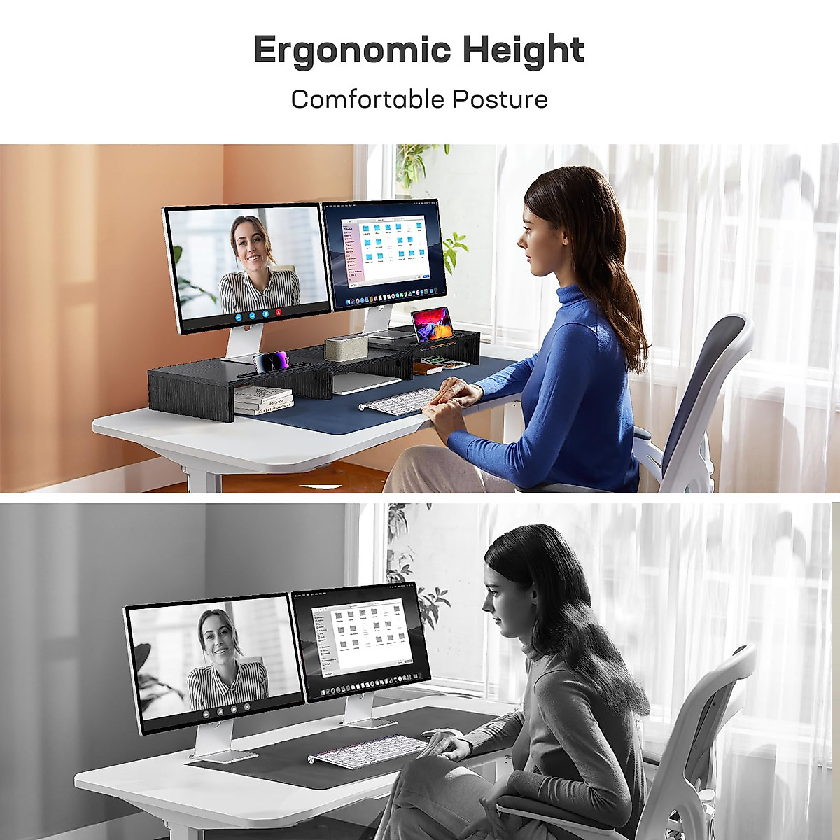 LORYERGO Dual Monitor Stand - [Upgraded] Monitor Stand w/ 2 Slots for Phone & Tablet, Dual Monitor Riser, Length and Angle Adjustable, Computer Stand for Monitor, Laptop, Tablet (Black)