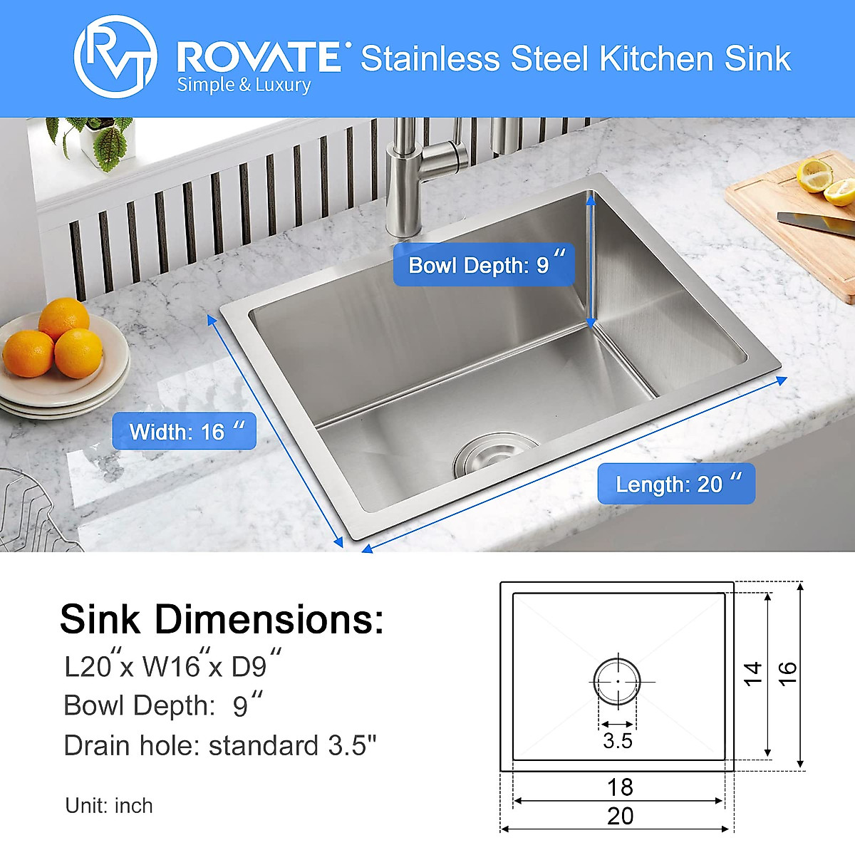 ROVATE 20 inch Kitchen Sink Undermount Singel Bowl, Bar or Kitchen Sink Handmade, 304 Stainless Steel Kitchen Sink with Strainer