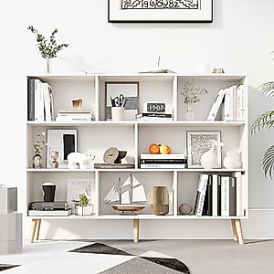 DIFY Wooden Bookcase 8 Cube Open Bookcase with Legs, 55.1" Display Bookshelves Storage Organizer Shelf for Living Room, Home Office and Bedroom, White