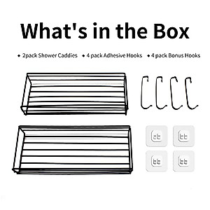 Go Green Tableware GOGN Adhesive Shower Caddy Shelf with 4 Hooks, No Drilling Bathroom Organizer Storage Rack for Restroom, Kitchen- 2 Pack (Black)