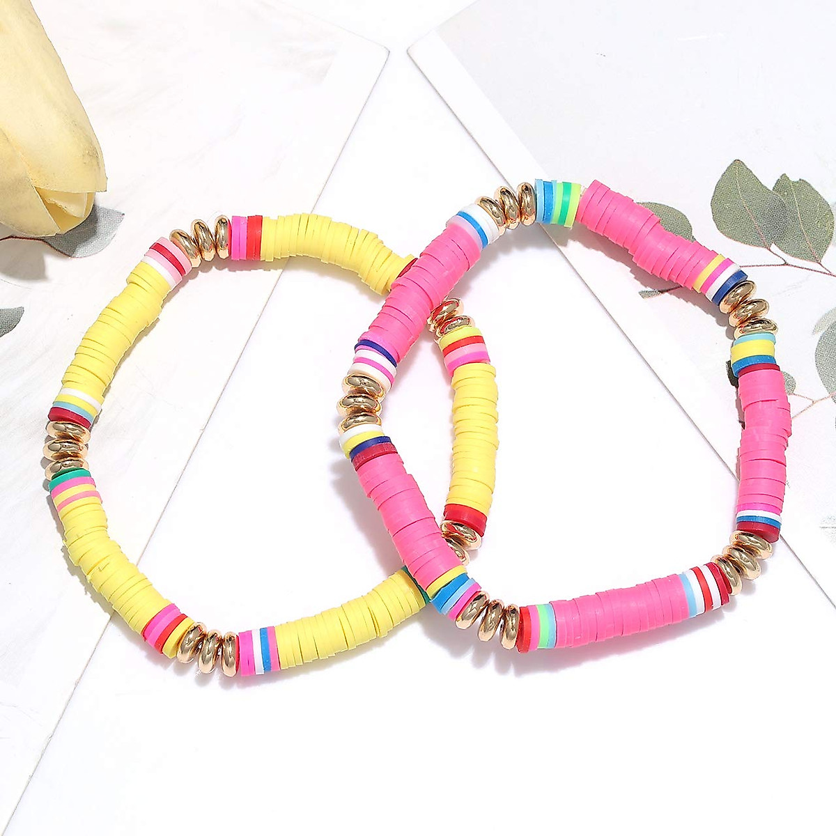 NVENF Heishi Bracelets Rainbow Vinyl Disc Bead Stretch Bracelets for Women Bohemia Stackable Surfer Bracelets for Girls Summer Beach Vacation Accessory (Style A)