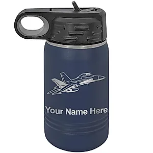 LaserGram Personalized Water Bottle, Fighter Jet 2, Stainless Steel Double Wall Vacuum Insulated with Flip Top Straw, Custom Engraved Gift (12oz / 335ml Navy Blue)