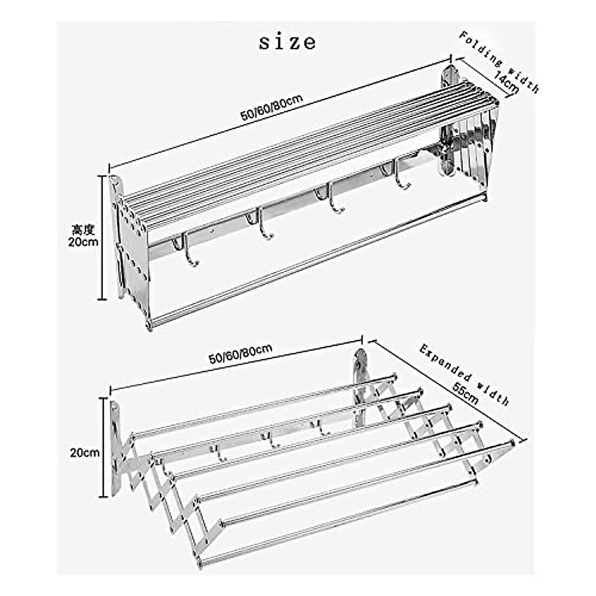 XMCX Retractable Laundry Drying Rack Wall Mounted Hanging Dryer Bathroom Towel Rack with Hook Space-Saving Washing Clothesline Easy Storage (Size : 100cm/39.4inch)