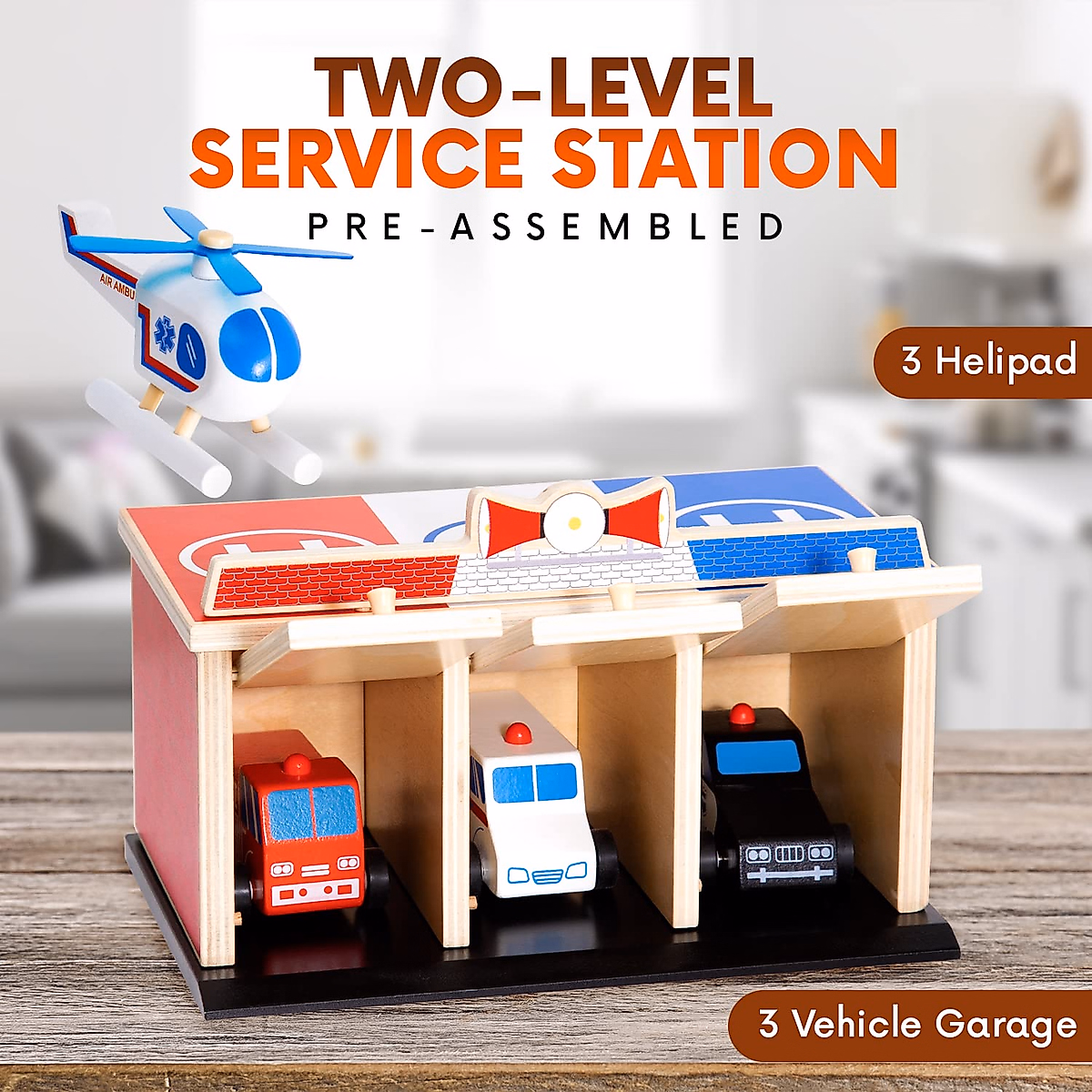 Rescue Station Kids Playset - 2-Level, 3-Bay Parking Garage Toy Set with Fire Truck, Ambulance, Police Car, and 3 Rescue Helicopters - Wooden Toy Rescue Vehicles for Kids Ages 3 and Up
