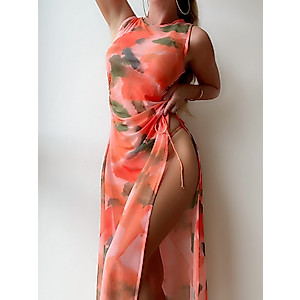 Verdusa Women's Swimsuit Mesh Cover Up High Split Drawstring Bikini Long Dress Multicolored S