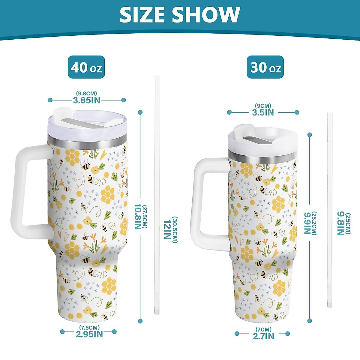 MCHIVER Bee Honey 30 oz Tumbler with Handle and Straw Stainless Steel Vacuum Water Bottle Leak-proof Travel Coffee Mug Thermos Water Bottle for Hot Cold Beverages