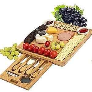 CTFT Cheese Board and Knife Set Bamboo Charcuterie Platter Serving Tray Wooden Cheese Cutting Board Set Gifts for Housewarming Anniversary Wedding Birthday