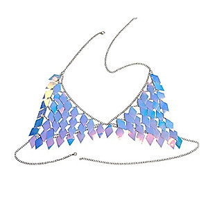 Salliy Boho Body Chain Bra Gold Sexy Rhinestone Bikini Bra Body Halter Backless Sequins Chain Bra Beach Body Accessories Jewelry for Women and Girls (Blue Jacket)