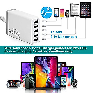 Bamboo Cell Phone Charging Station, Charger Organizer for Multiple Devices Compatible with Cell Phones, Watch, Tablet (with Watch Stand, 5 Port USB Charger, 6 Charger Cables) -BambuMate