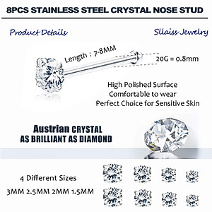 Sllaiss 8 Pcs 20G Nose Ring Studs Made with Austrian Crystal for Women Stainless Steel 1.5mm 2mm 2.5mm 3mm Nose Piercings Set Body Jewelry Hypoallergenic