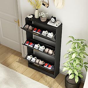 NOVAMAISON Shoe Cabinet Set of 2, Narrow Shoe Storage Cabinet with 3 Flip Drawers, Wood Hidden Shoe Storage Cabinet for Entryway, Freestanding Shoe Organizer for Hallway, Bedroom, Apartment