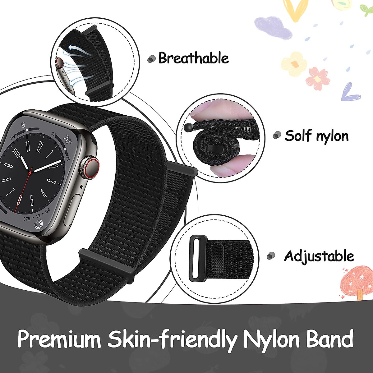 Nylon Band Compatible with Apple Watch Series 10 9 8 7 6 5 4 3 SE SE2 38mm 40mm 41mm 42mm, Soft Loop Sport Replacement Strap for iWatch Boy Girl Small Wrist - Black+Blue