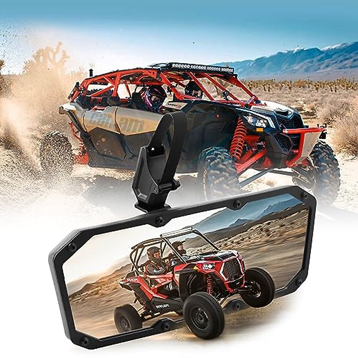 PACEWALKER UTV Rear View Mirror 1.5"-2"Adjustable Roll Bar Center Rearview Mirror with Adjustable Clamp Clear View 360 Degree Mirror for Polaris RZR Honda Pioneer Can Am X3 Kawasaki Mule