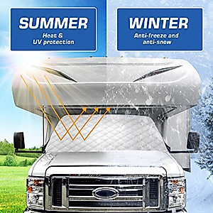 BougeRV RV Windshield Window Snow Cover for Class C Ford E450 1997-2023 Motorhome Windshield Cover Snow Cover for RV Front Window Sunshade Cover RV Accessories 4 Layers with Mirror Cutouts Silver