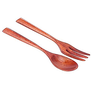 2Pcs/Set Heat Resistance Wood Fork and Spoon Heat Resistance Durable Kitchen Utensil for Home Restaurant Office(large and fork)