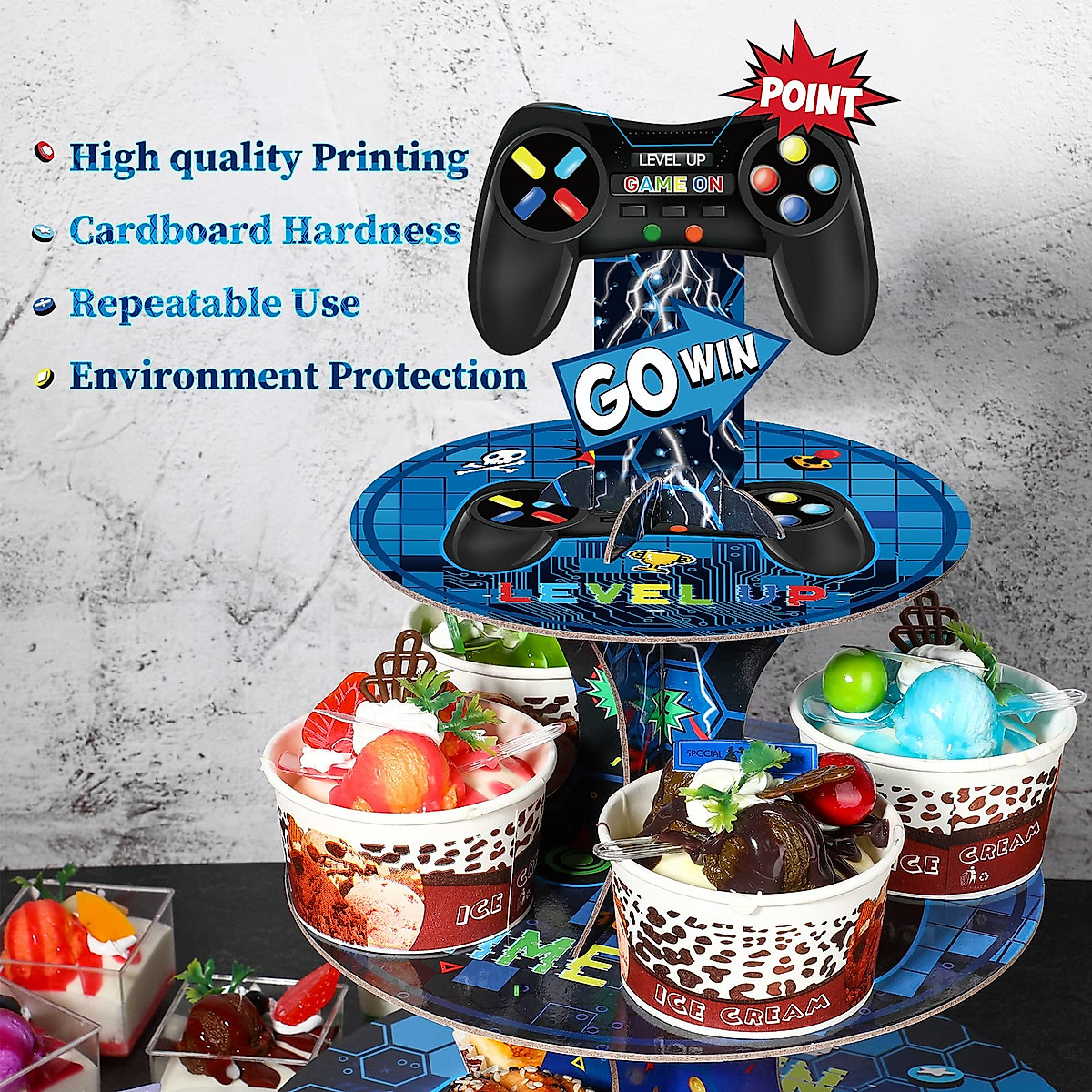 3-Tier Video Game Cupcake Stand Reusable Mini Game Theme Cake Stand Cardboard Gamer Cupcake Holder Stand for Birthday Theme Party Supplies Dessert Stand (Blue, Classic Style)