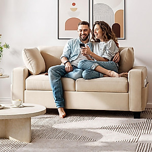 DWVO 60" Sofa, Comfy Upholstered Sofa Couch with Extra Deep Seats, Modern Loveseat for Living Room Apartment Office, Fabric 2 Seater Couch with Side Pockets, Easy Assembly, Beige Chenille