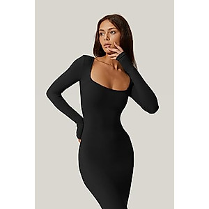 QINSEN Long Dresses for Women Sexy Square Neck Long Sleeve Bodycon Maxi Dress Black XS
