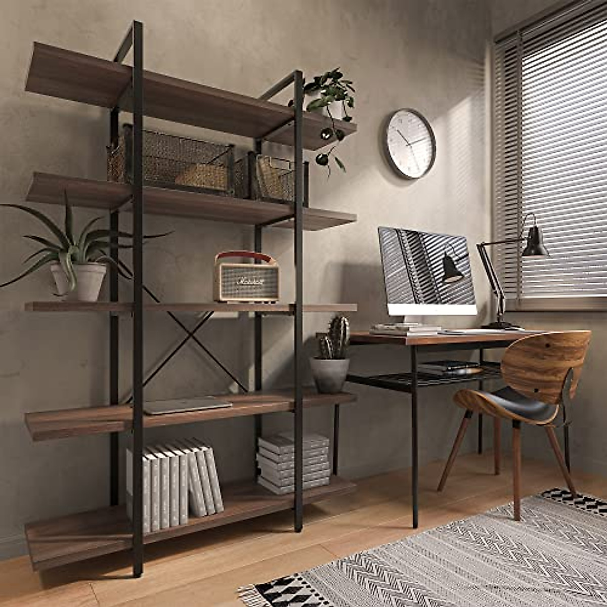 BELLEZE 5-Tier Wood Bookshelf, 70 Inch Industrial Storage Shelves Organizer for Living Room, Pantry, Home Office and Garage, Open Display Shelves with Metal Frame - Dark Walnut