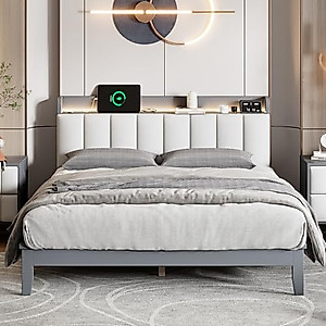 Merax Queen Size Upholstered Platform Bed with USB Charging Station and Storage Upholstered Headboard, LED Bed Frame, No Box Spring Needed, Gray
